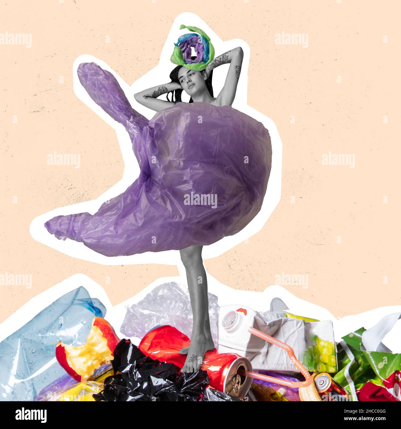 Contemporary art collage of young girl standing into plastic bags and ...