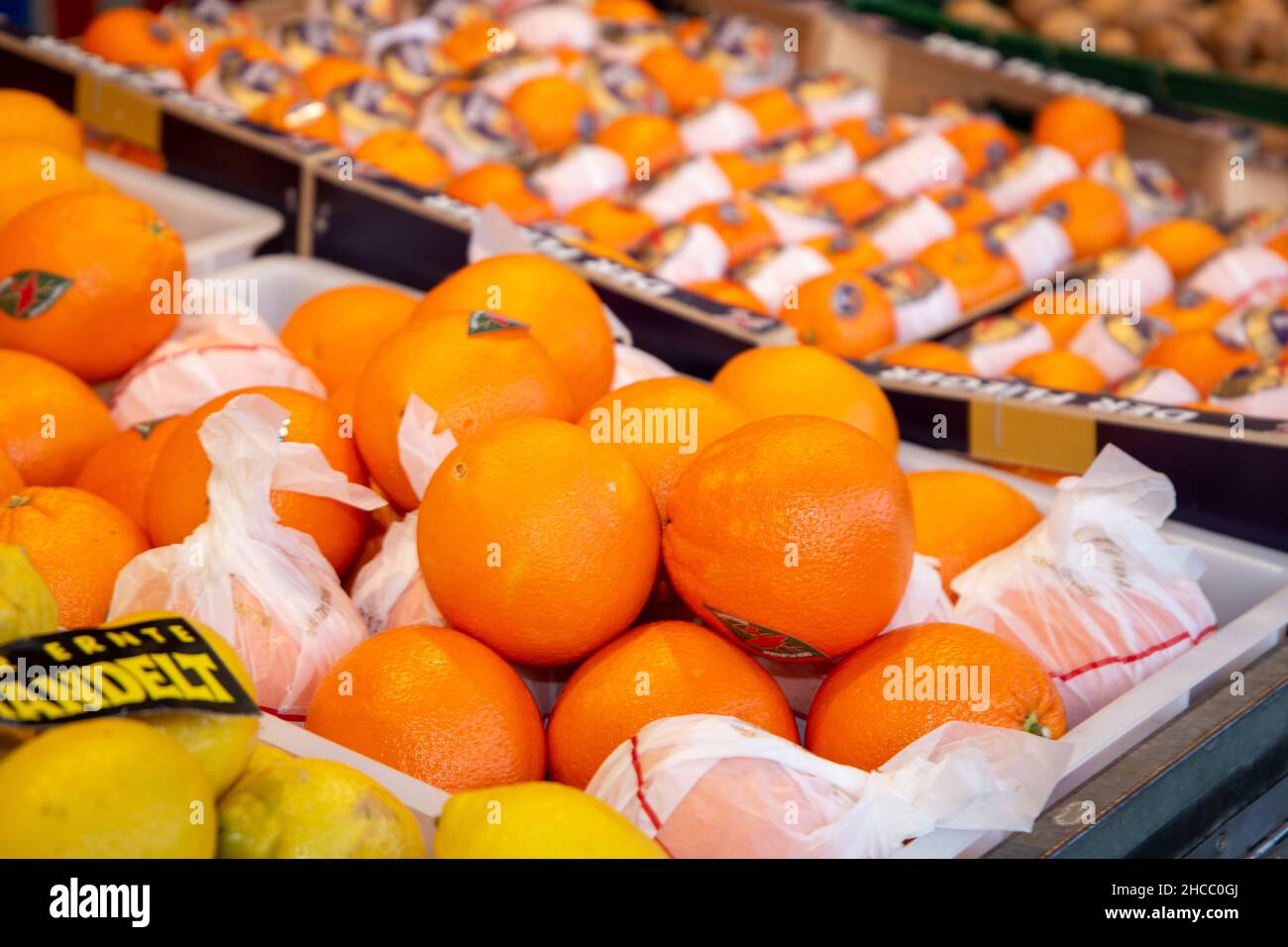 Oranges and lemons at the fruit and vegetable stall at the weekly ...