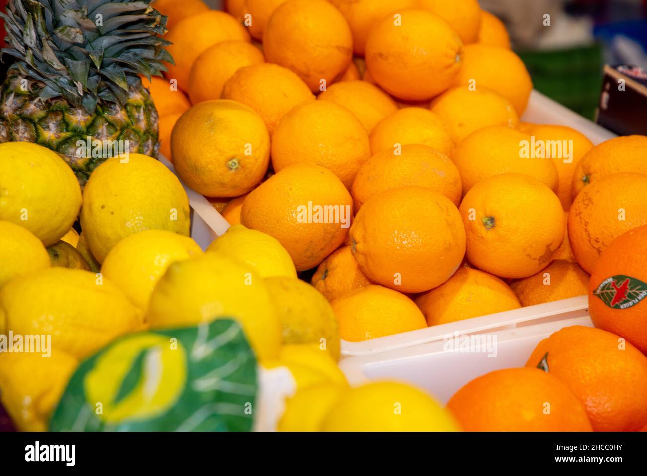 Oranges and lemons at the fruit and vegetable stall at the weekly ...
