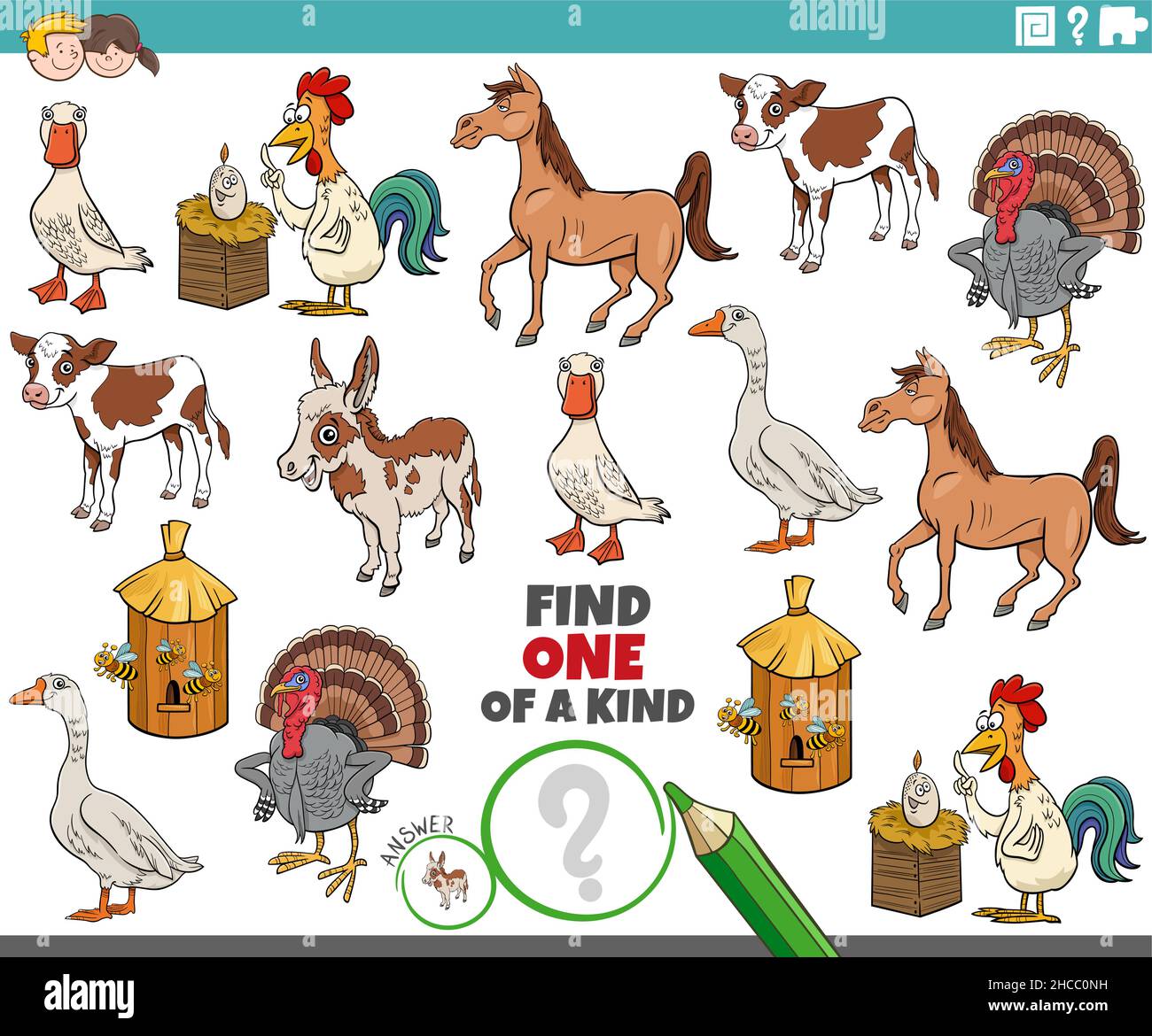 Cartoon illustration of find one of a kind picture educational game ...