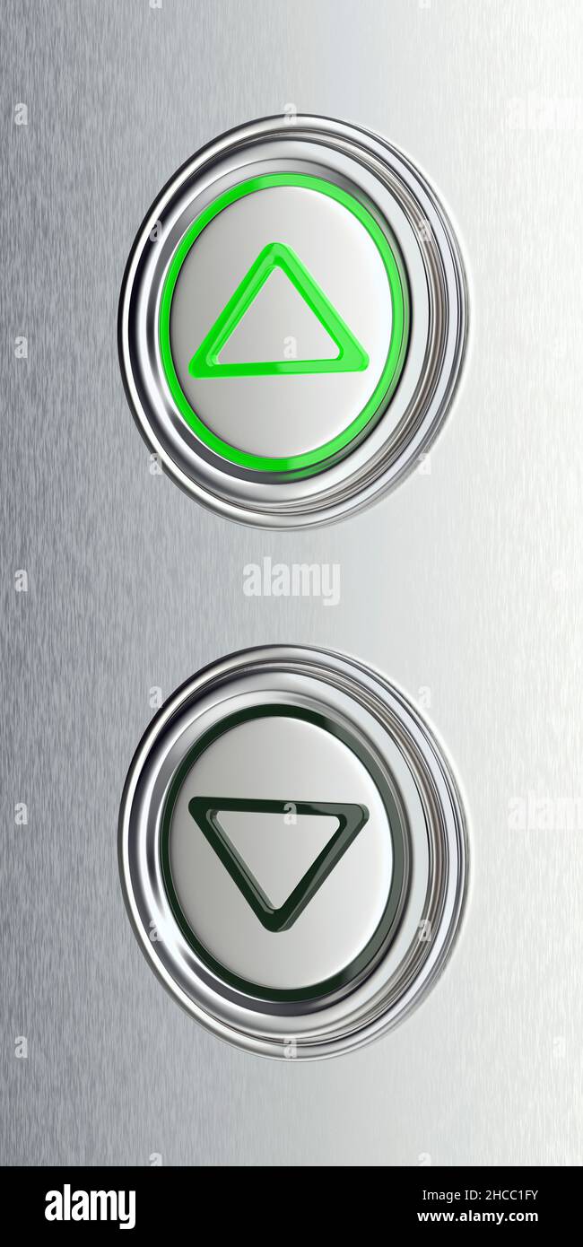 Silver elevator call buttons for up and down Stock Photo - Alamy