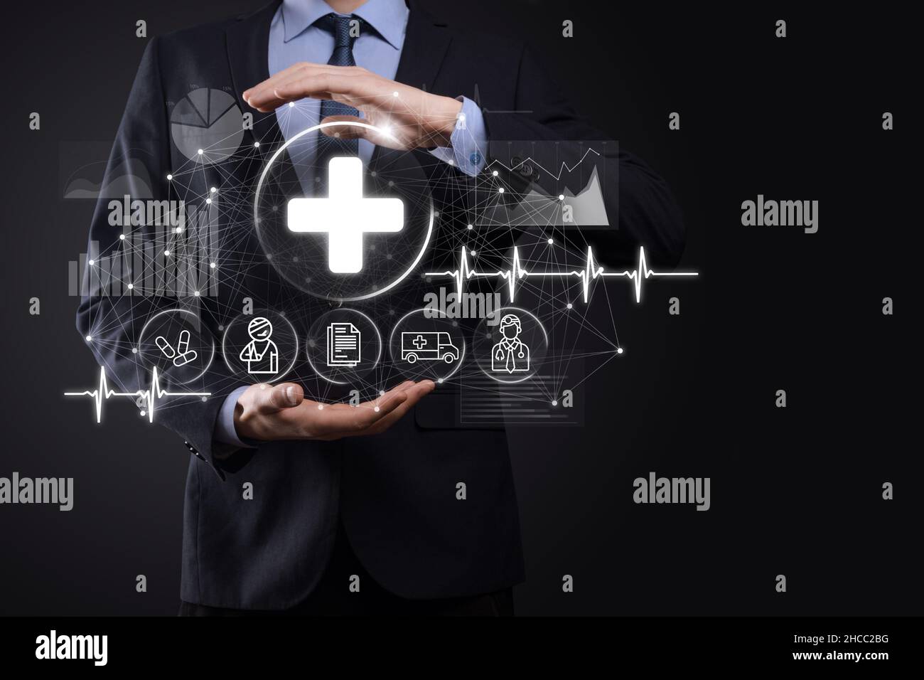 Businessman hold virtual plus medical network connection icons. Covid ...