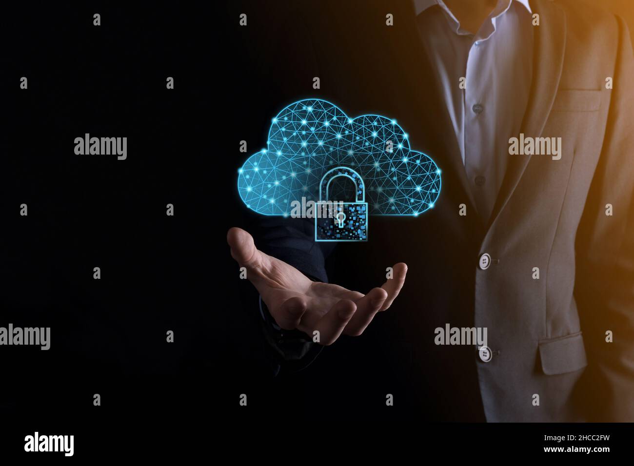 Cloud technology. Polygonal wireframe cloud storage sign with padlock ...