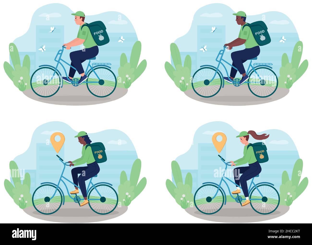 Delivery on bike 2D vector isolated illustration set Stock Vector Image ...