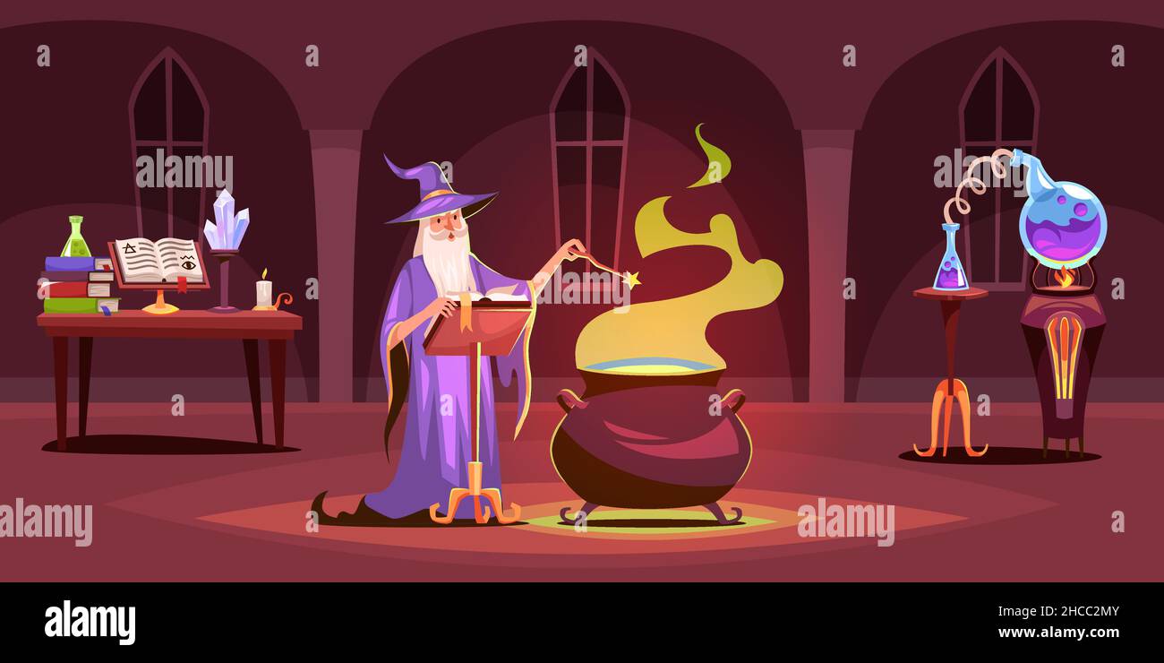 Wizard castle. Magical laboratory interior. Sorcerer brews magic potion ...