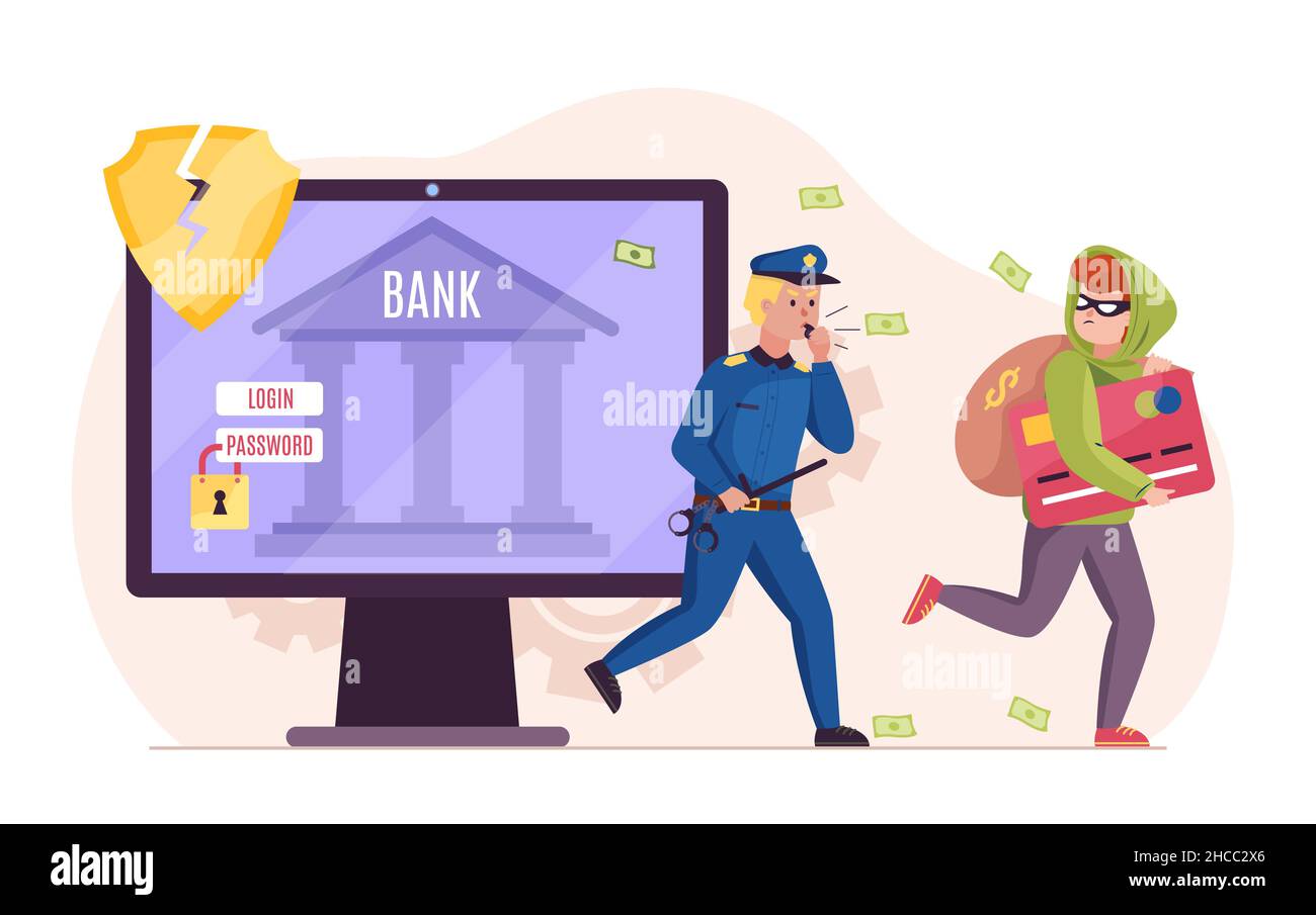 Hacker and police. Cyber security in work. Policeman from monitor ...