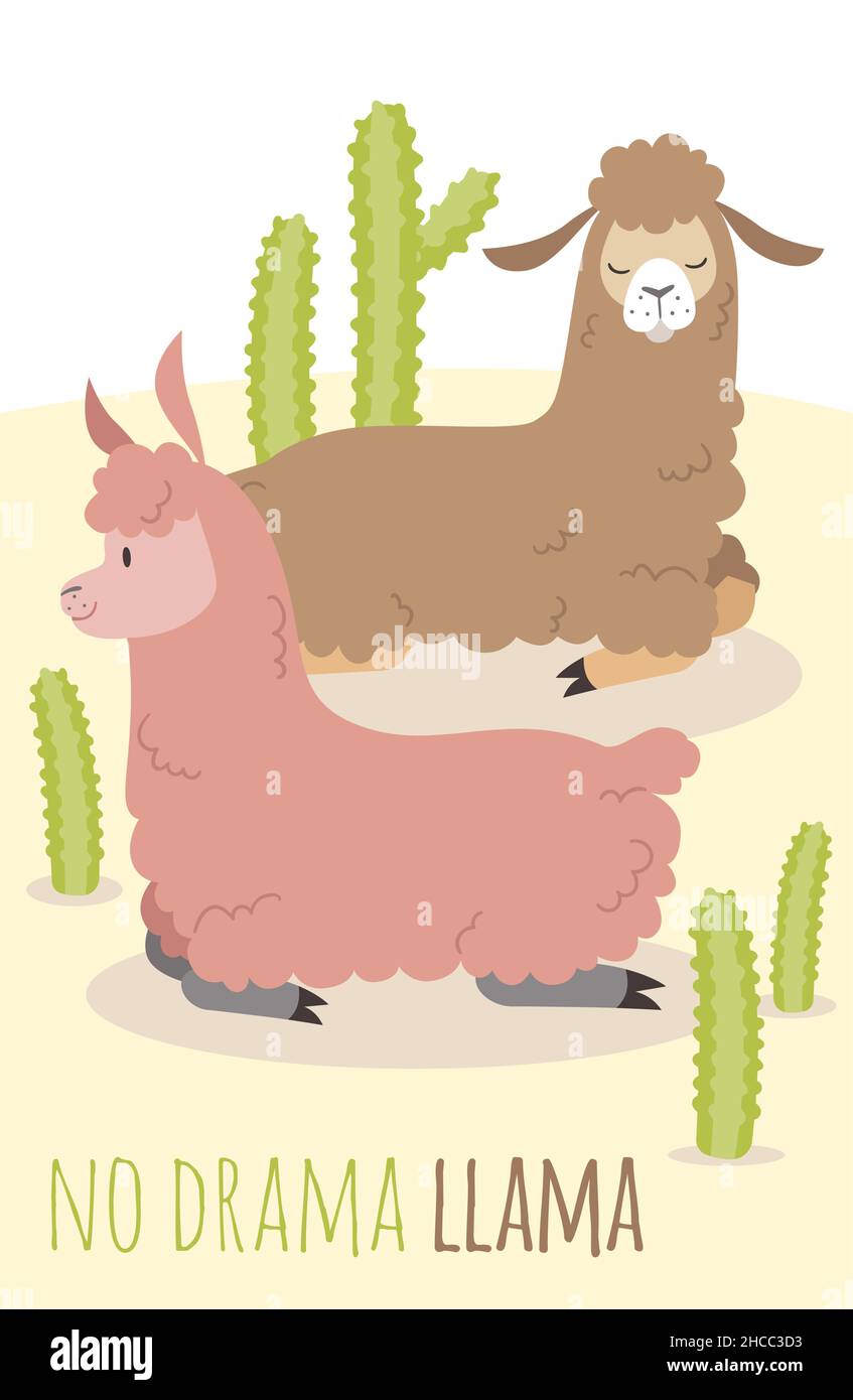 No drama llama card. Relaxing alpaca lying in desert. Cute cactus scene ...