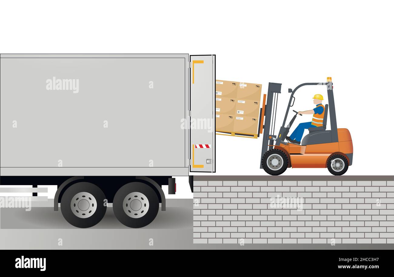 A forklift loads pallets with cardboard boxes into a truck. Storage ...