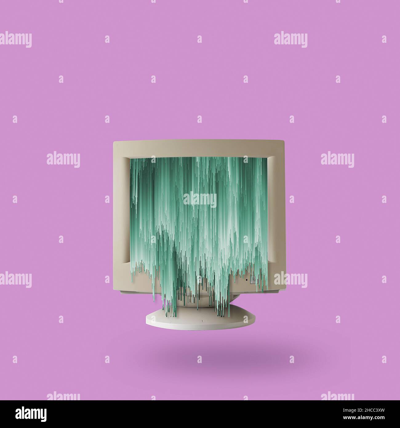 Glitch drains from retro computer screen monitor. Creative vaporwave ...