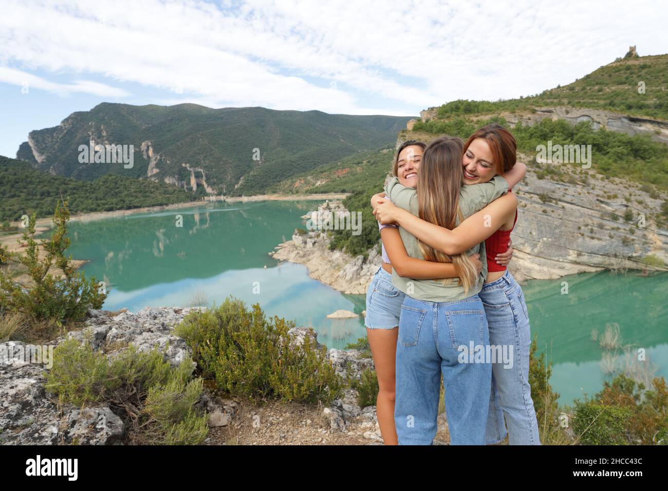 Group three girls hugging happy hi-res stock photography and images - Alamy