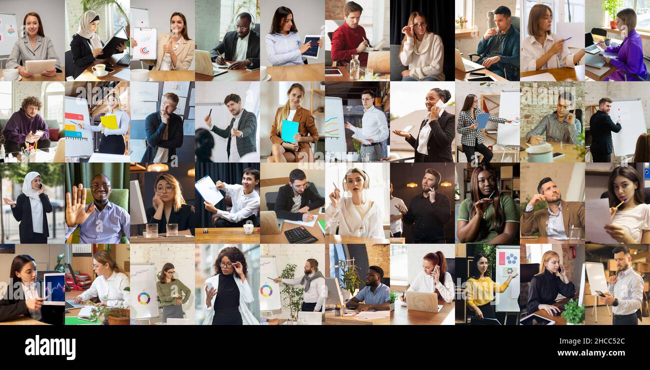 Collage made of portraits of multiethnic people, businessmen at office ...