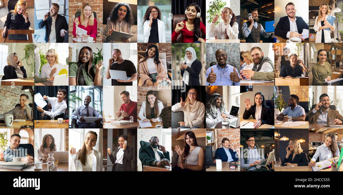 Collage made of portraits of multiethnic people, businessmen at office ...
