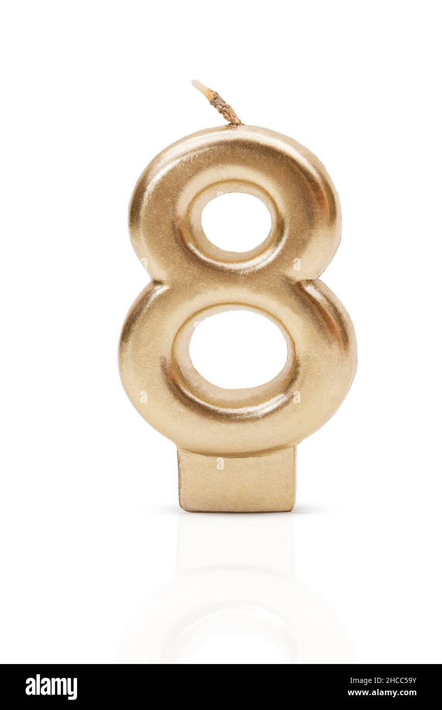 Gold number 8. Candle on white isolated background. International Women ...