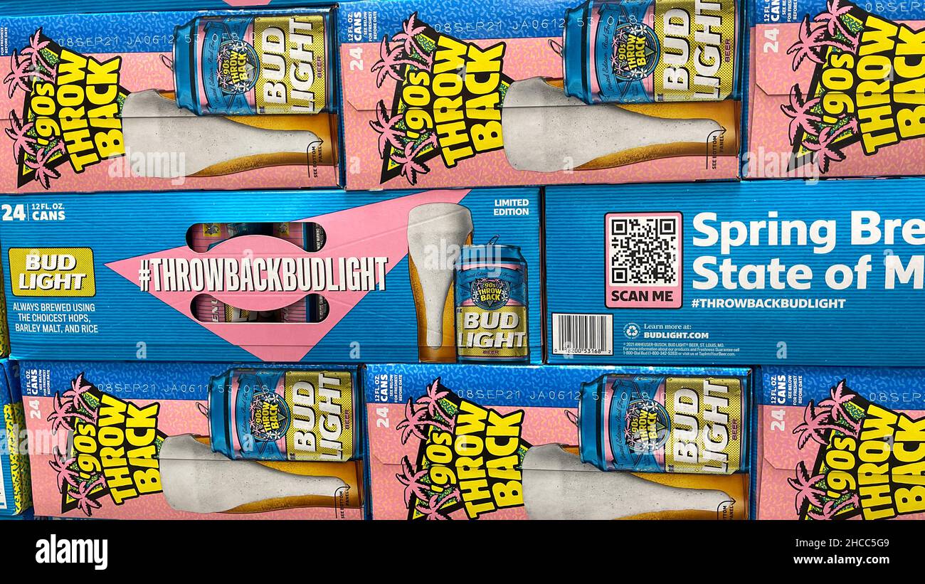 Orlando, FL USA - April 27, 2021: Cases of cans of 90s throwback of Bud ...