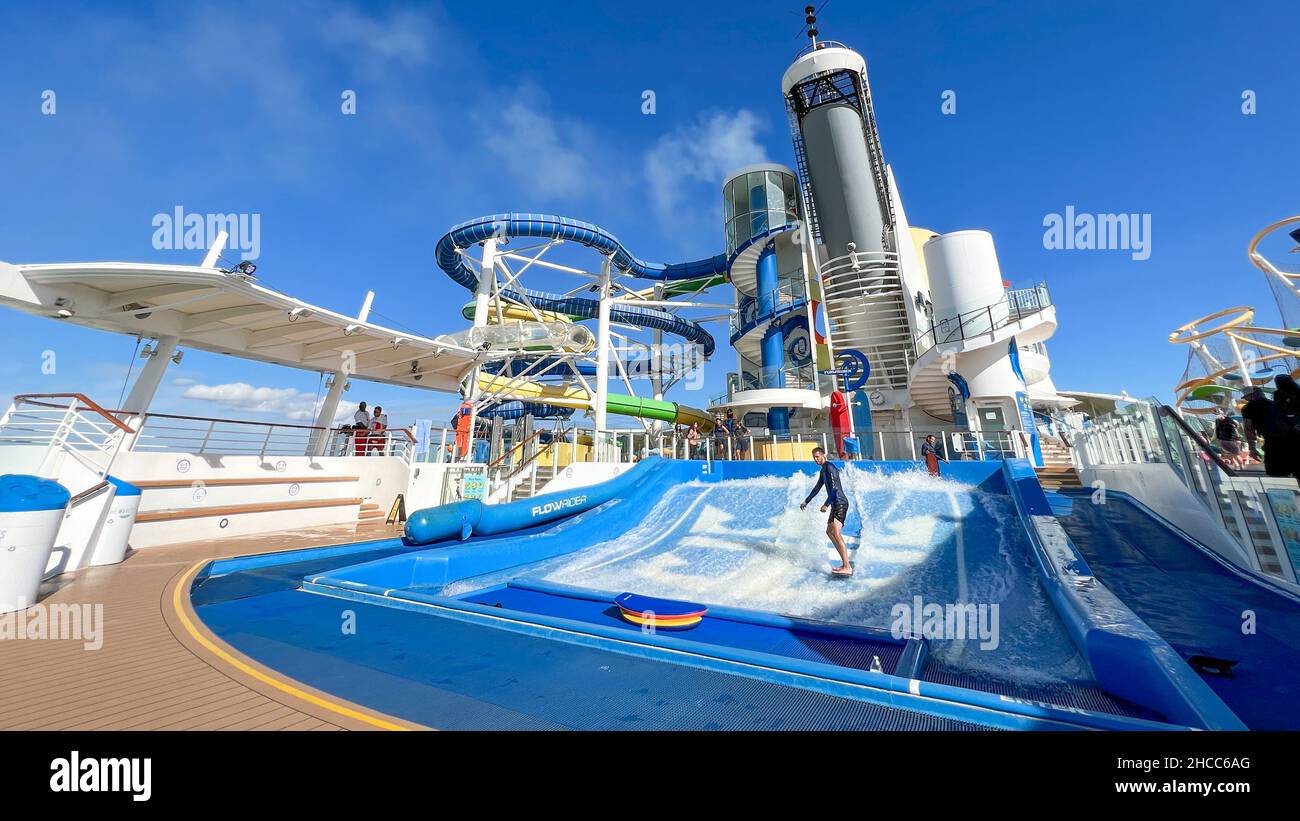 Orlando, FL USA - December 6, 2021: The Flowrider area aboard the Royal ...