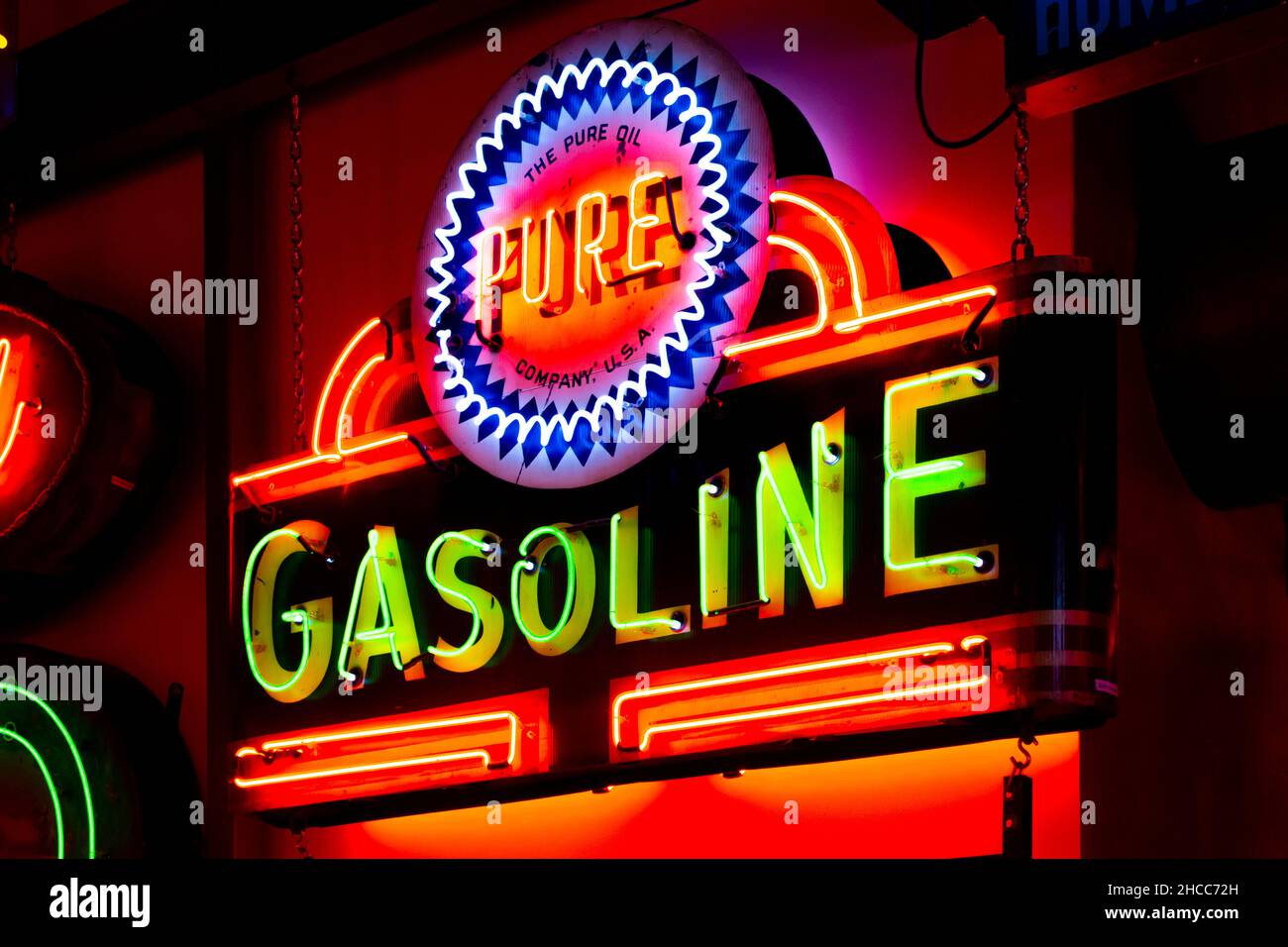 colourful illuminated neon signs for Pure gasoline in the national neon ...