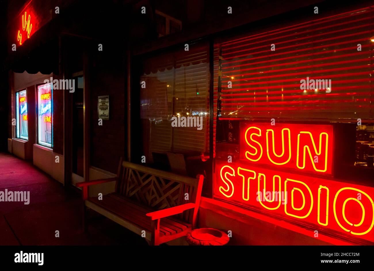 illuminated neon signs at night at Sun studio in Memphis Tennessee ...
