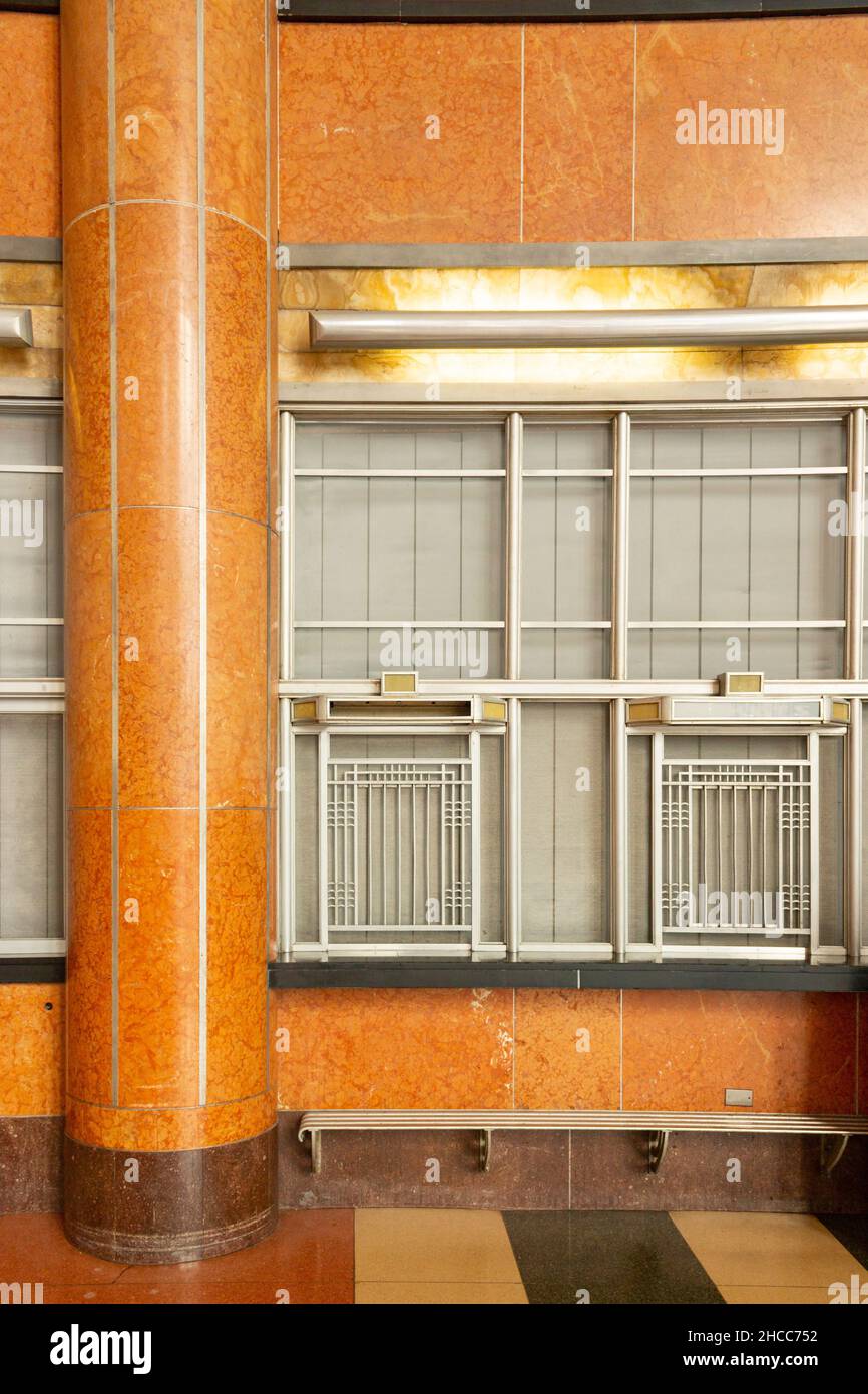 detail of ticket windows in interior of Cincinnati Union Terminal is an ...