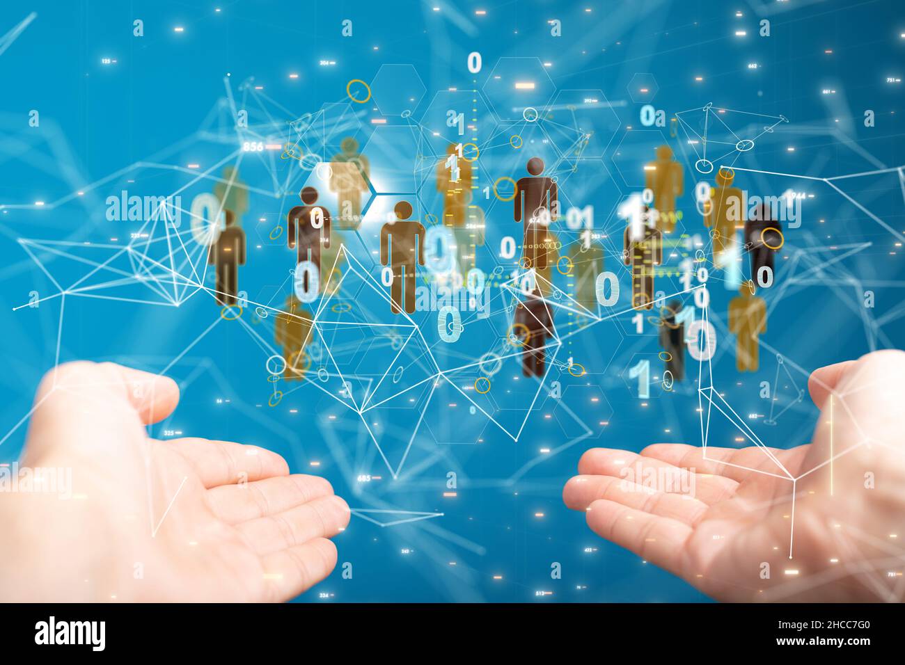 Closeup of the man's hands showing the network connections with binary ...