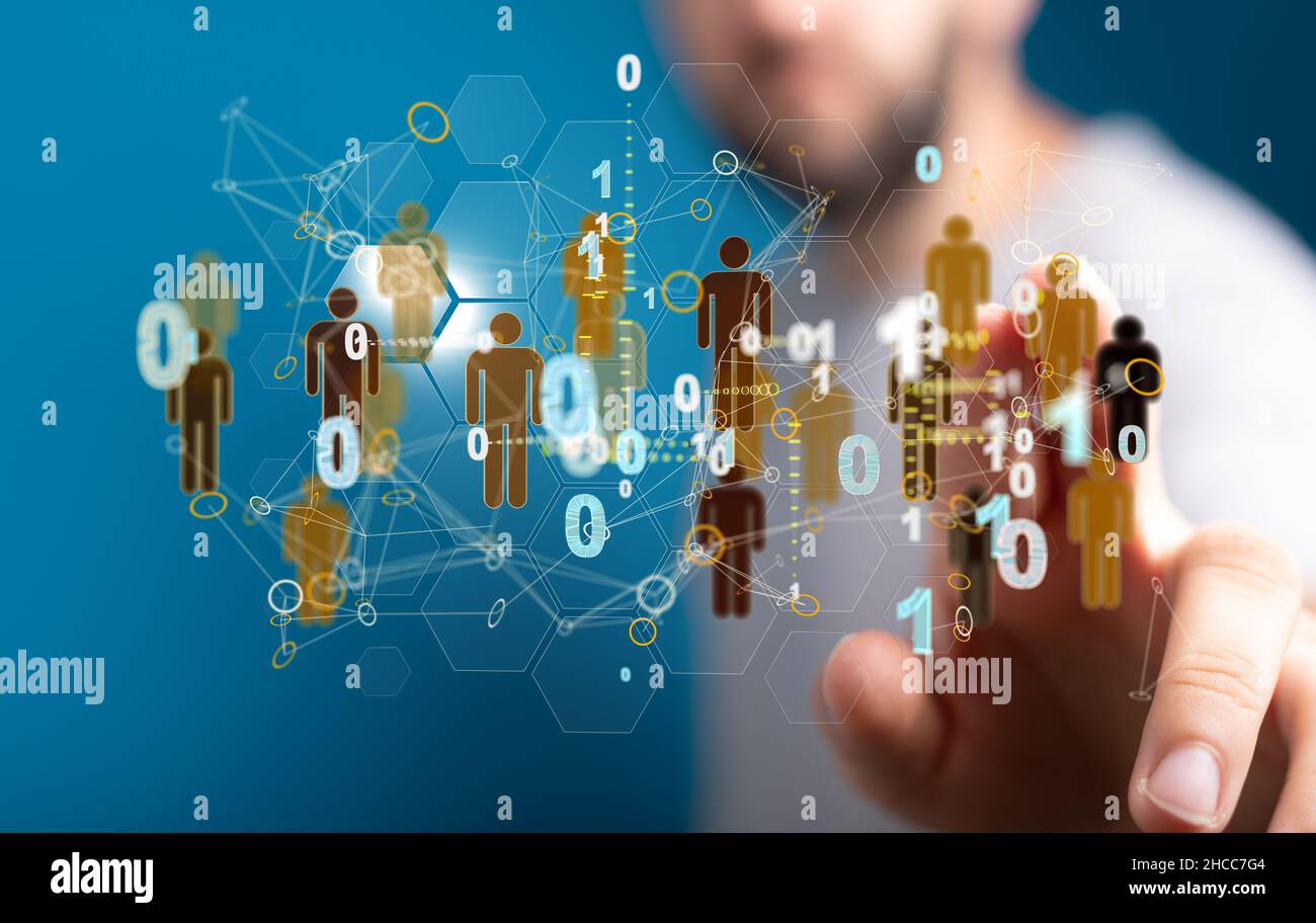 Closeup of the man's hand touching the network connections with binary ...