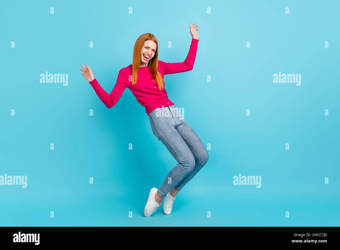 Full size photo of young joyful ginger head lady dance wear pink ...