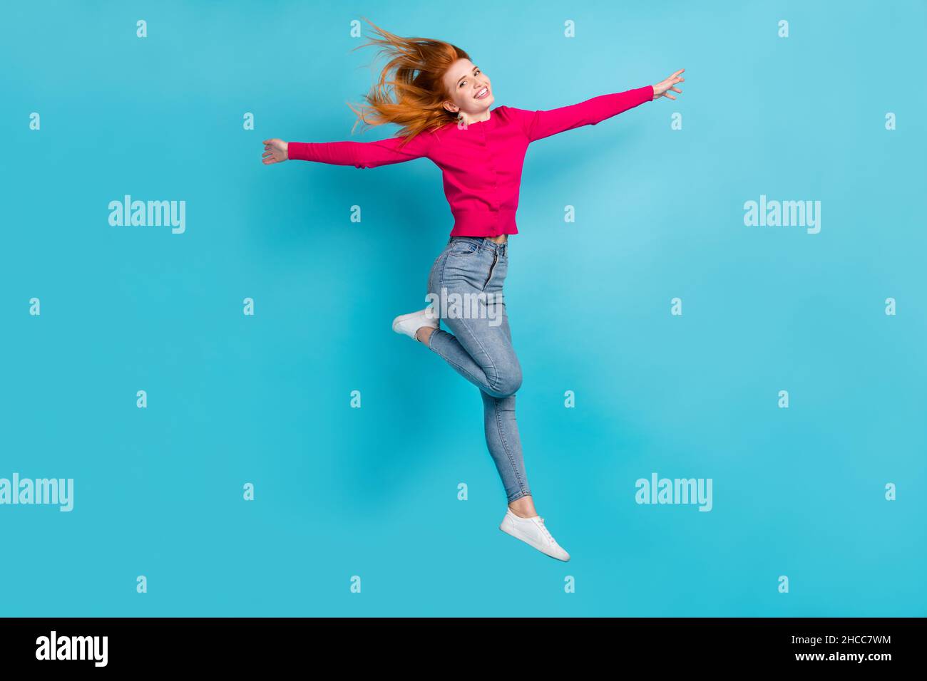 Full length body size view of attractive skinny cheerful girl jumping ...
