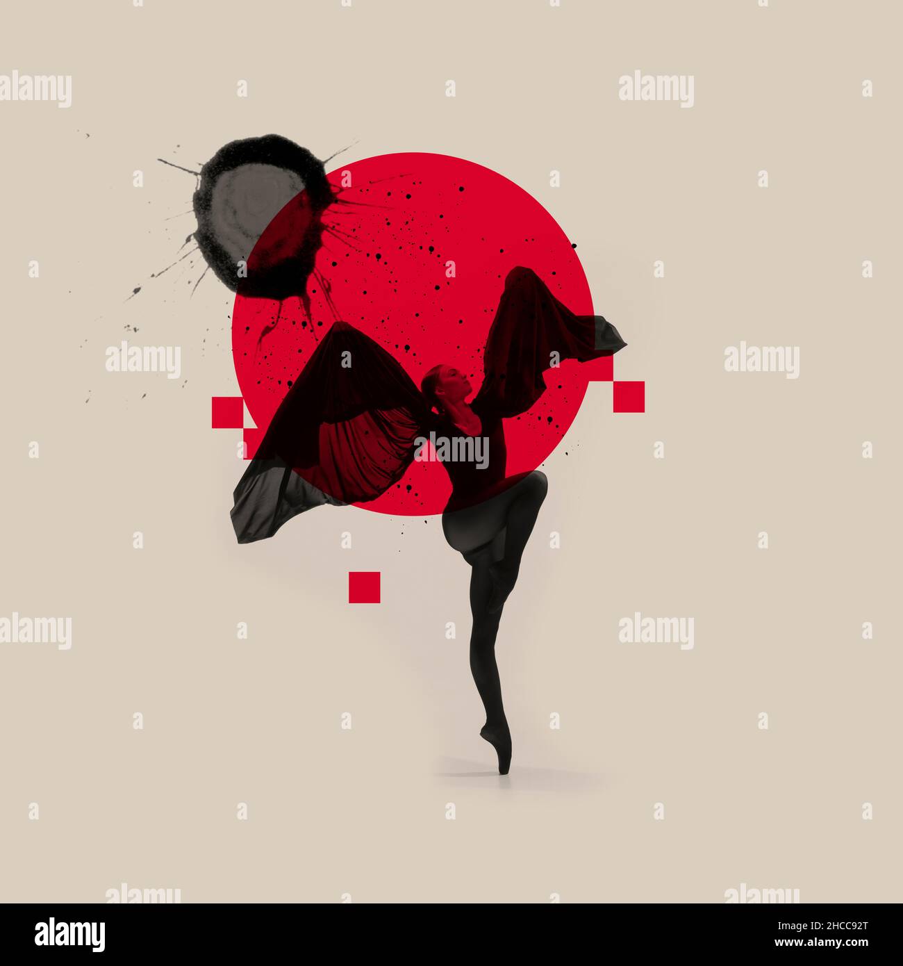 Colorful retro design. Young ballerina in black bodysuit dancing ...