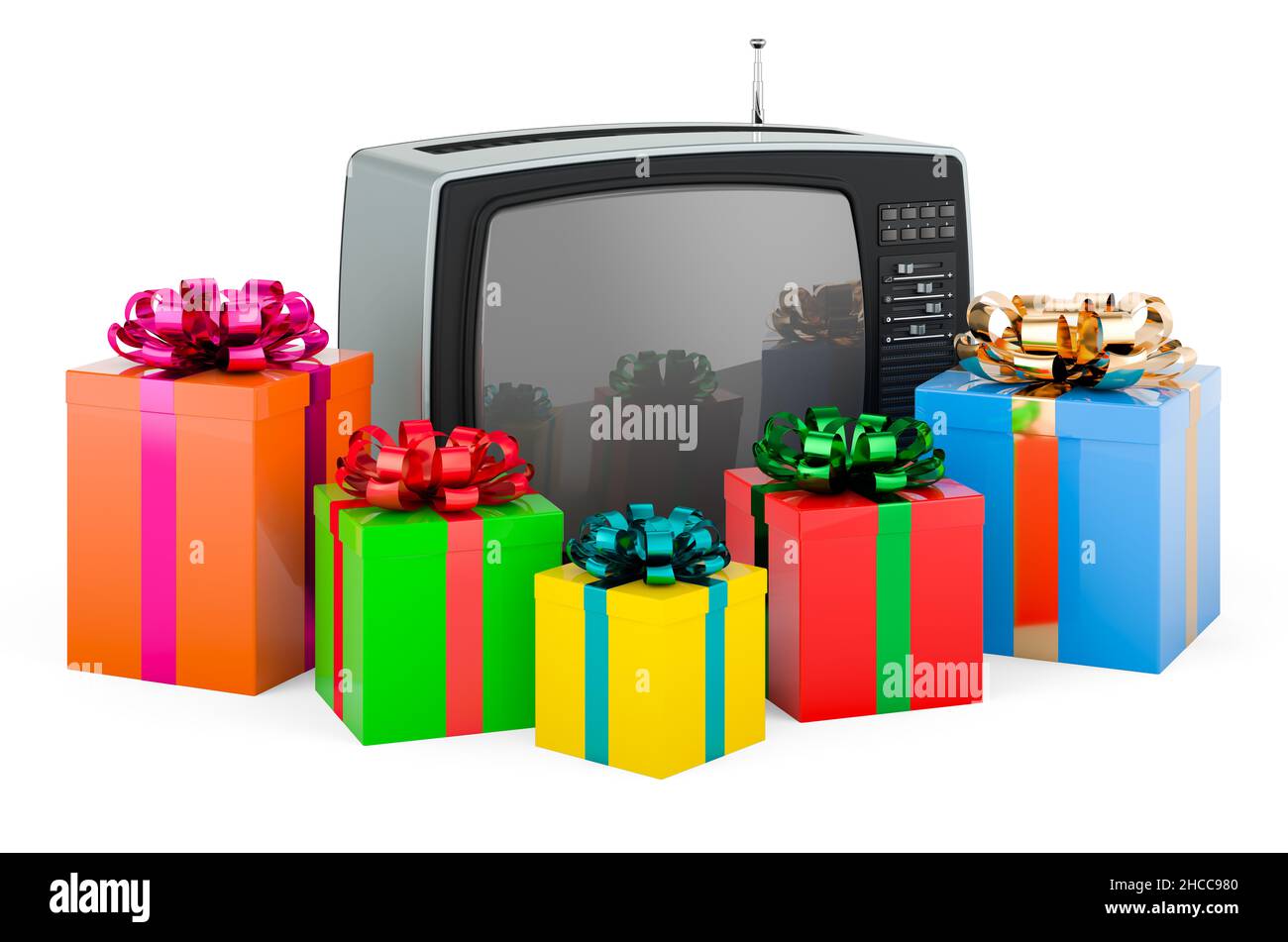 TV set with gift boxes, 3D rendering isolated on white backgrou Stock ...