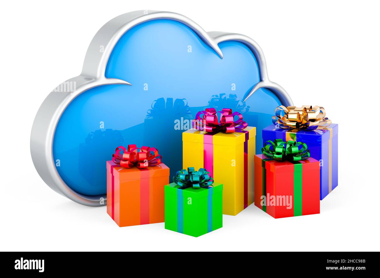 Cloud computing with presents, gift concept. 3D rendering isolated on ...