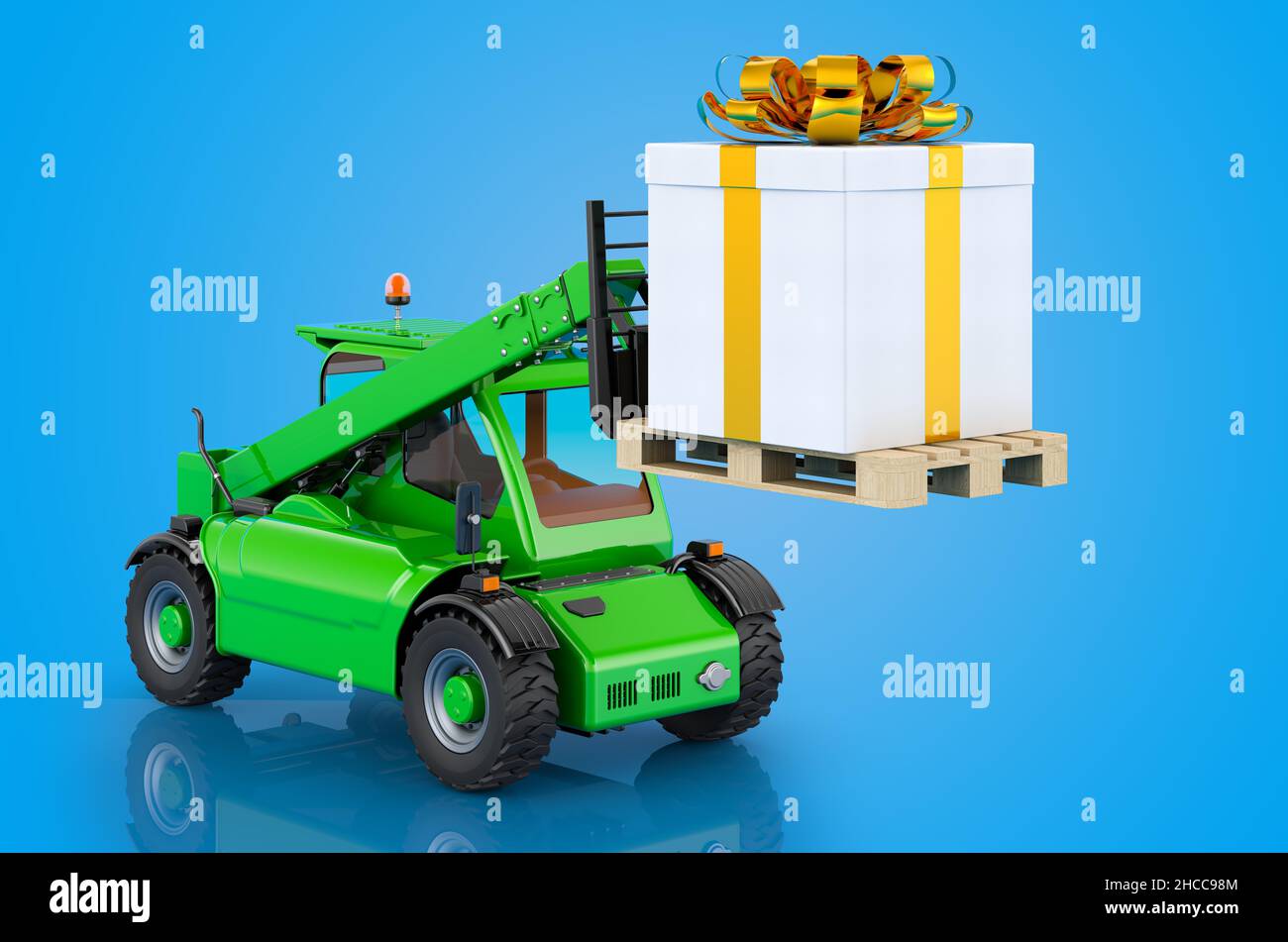 Telehandler with present. Gift delivery concept, 3D rendering isolated ...