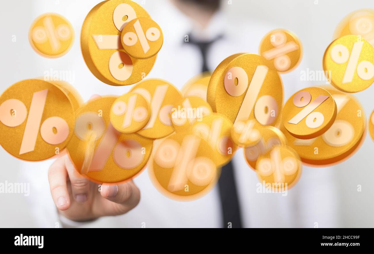 Closeup of the hand pointing at the floating percentage signs Stock ...