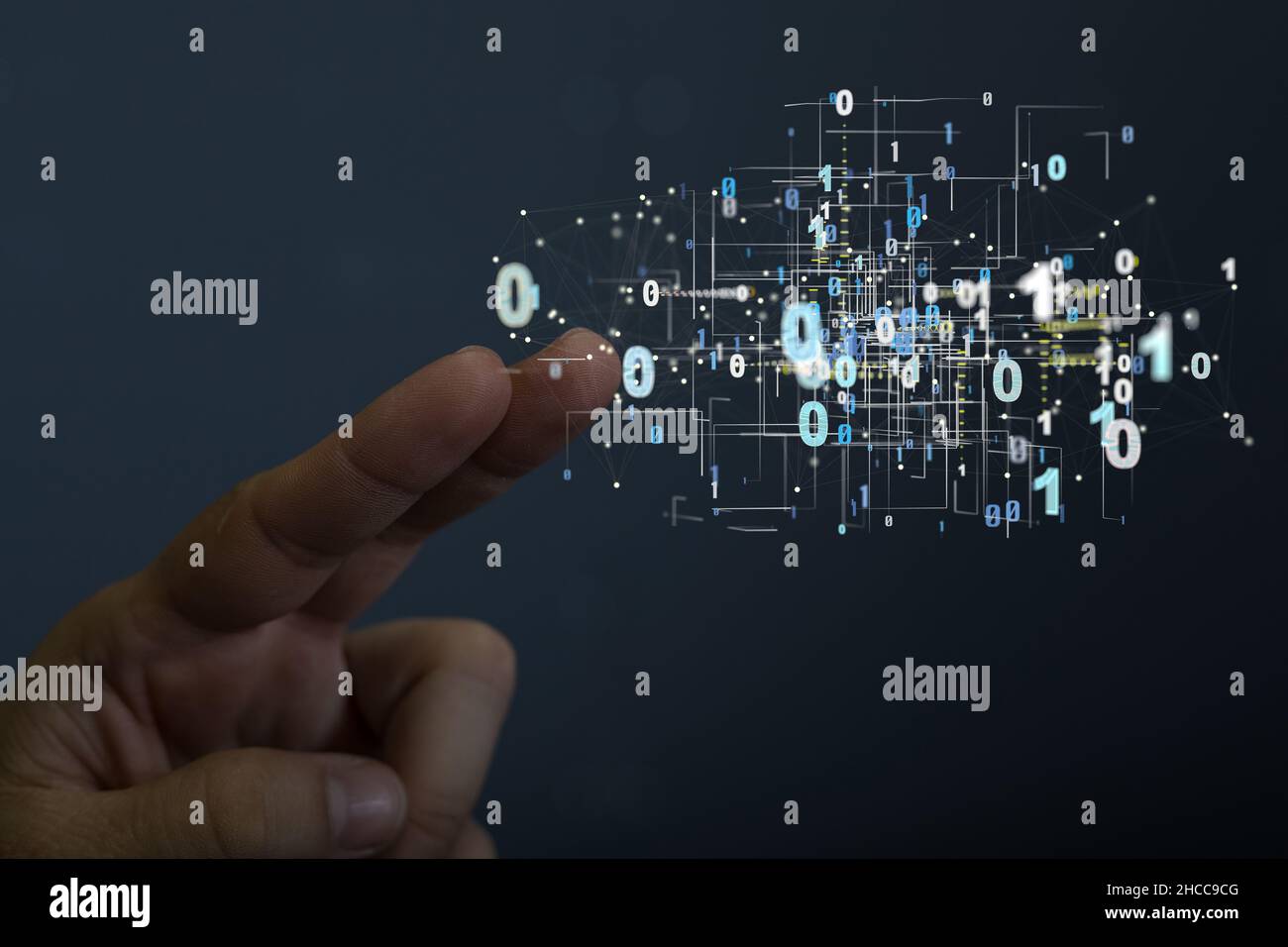 Closeup of the hand touching the virtual model of the web with binary numbers. Data concept ...
