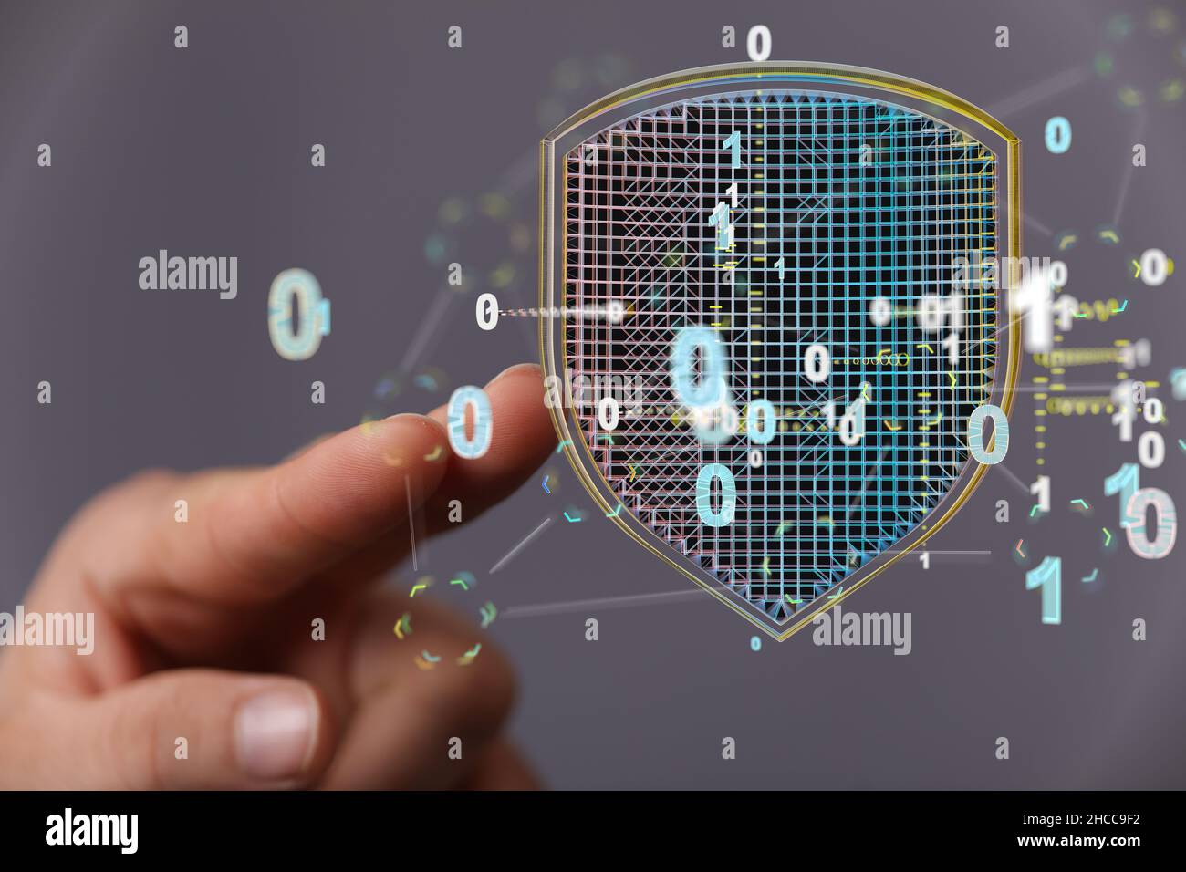 Closeup of the hand touching the virtual shield with binary numbers. Cybersecurity concept Stock ...