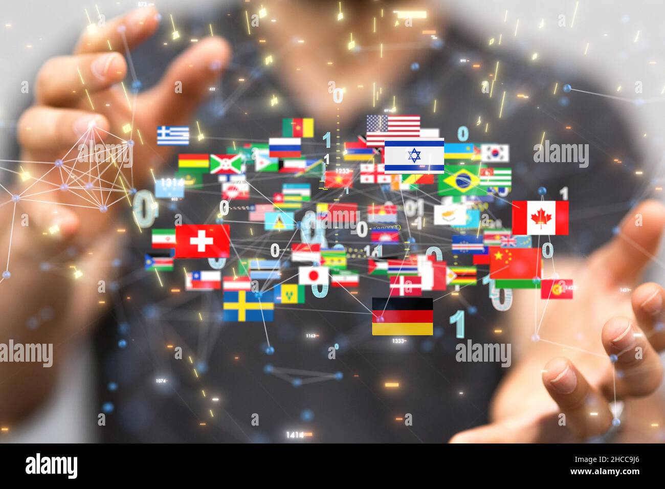 Closeup of the man's hands holding virtual countries flags Stock Photo ...