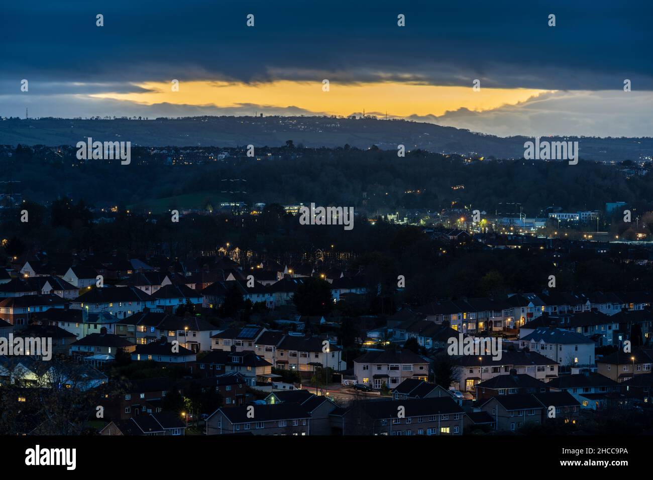 The sun sets over the cityscape of South Bristol, including St Annes ...