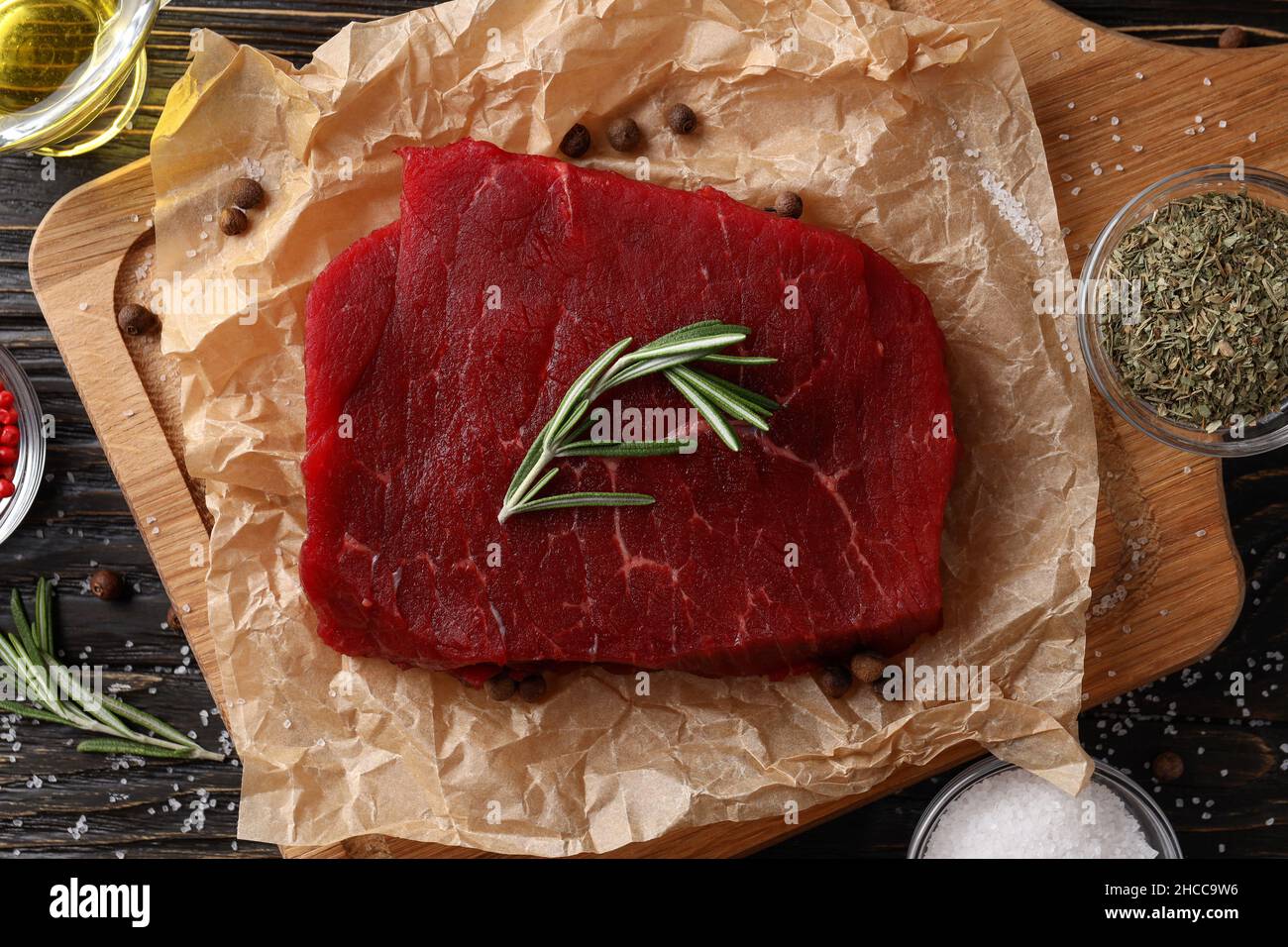 Concept of cooking with raw steak, top view Stock Photo - Alamy