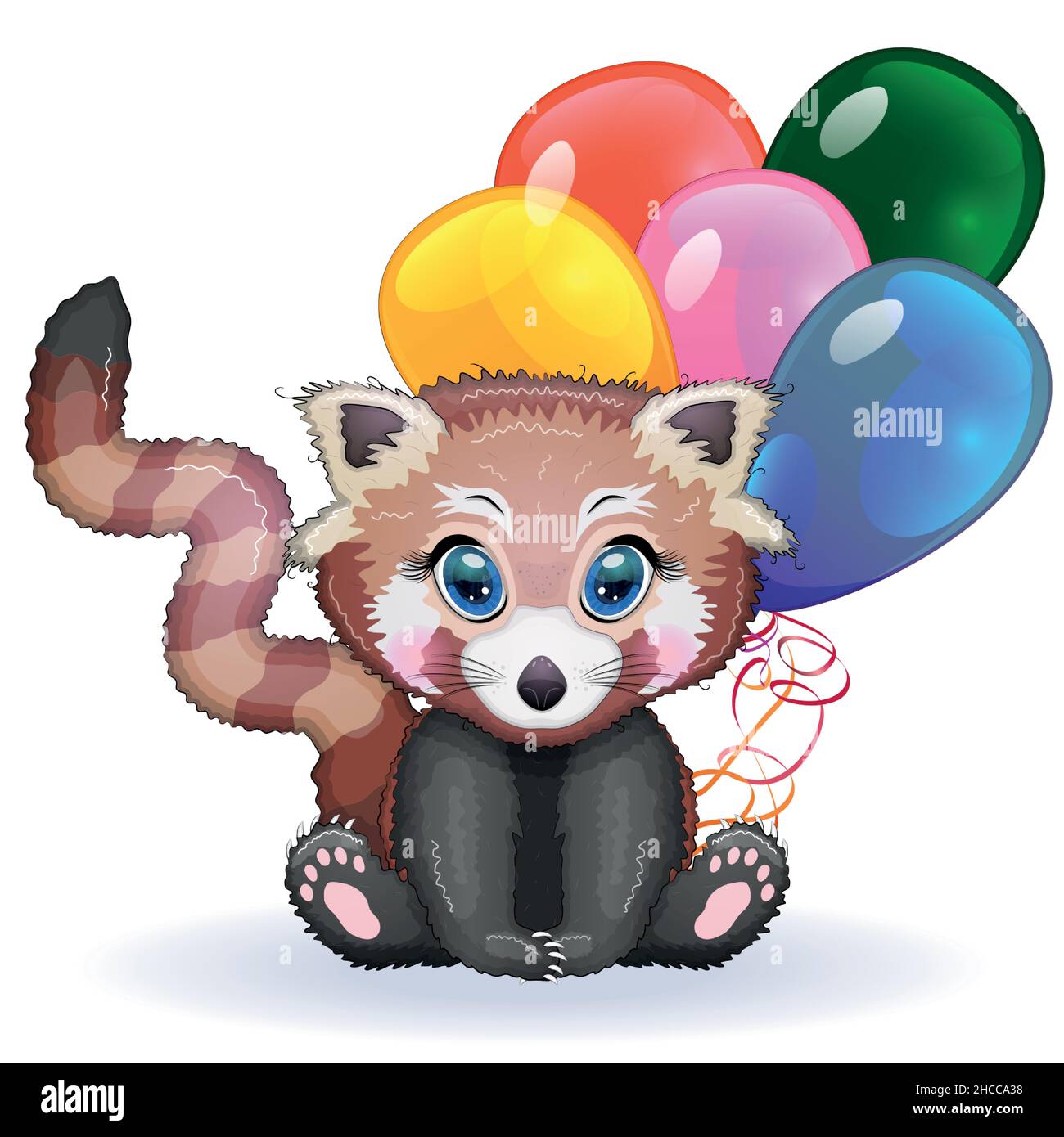 Red panda, cute character with balloons, greeting card, bright childish ...