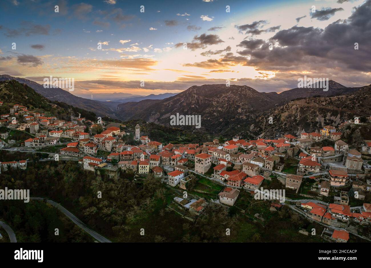 Aerial view over the beautiful historical village Dimitsana during ...