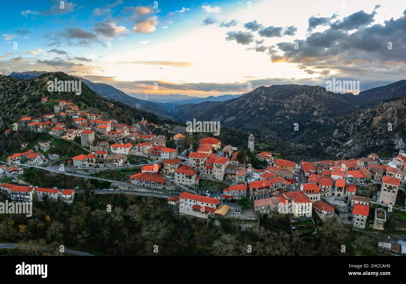 Aerial view over the beautiful historical village Dimitsana during ...