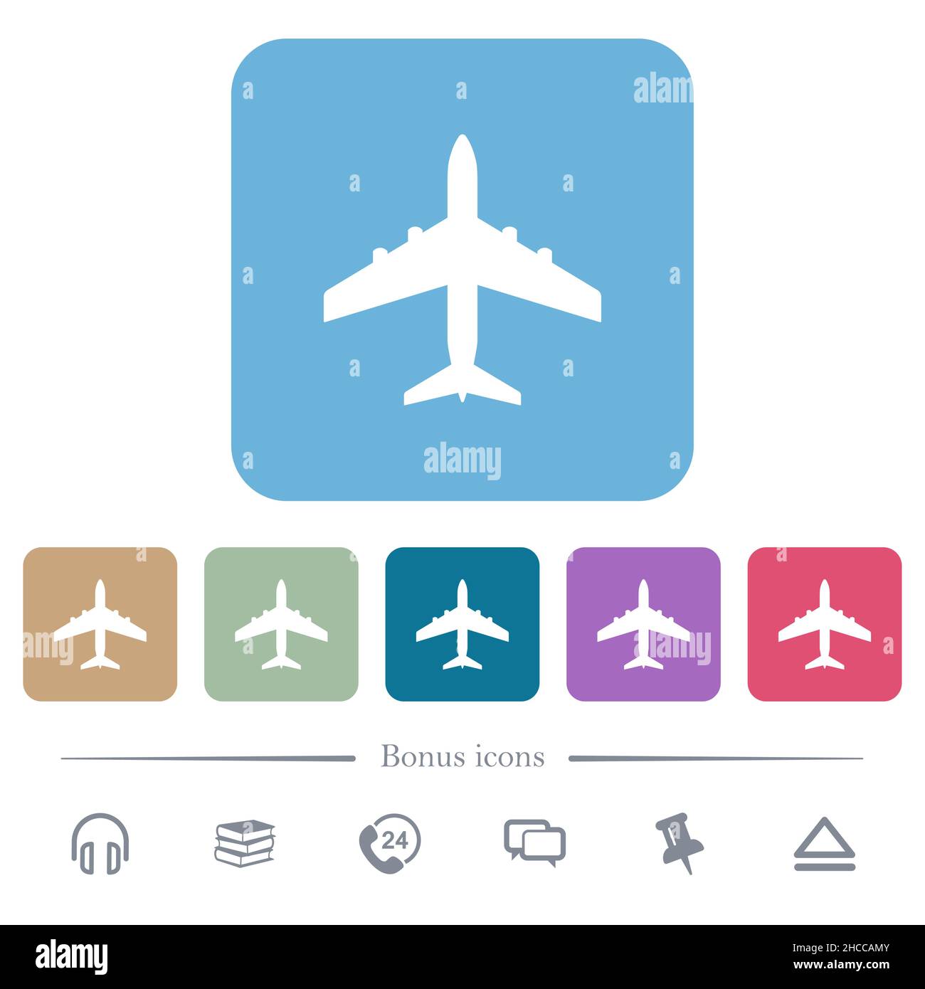 Passenger aircraft white flat icons on color rounded square backgrounds ...