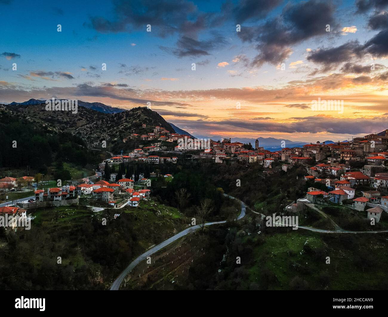 Aerial view over the beautiful historical village Dimitsana during ...