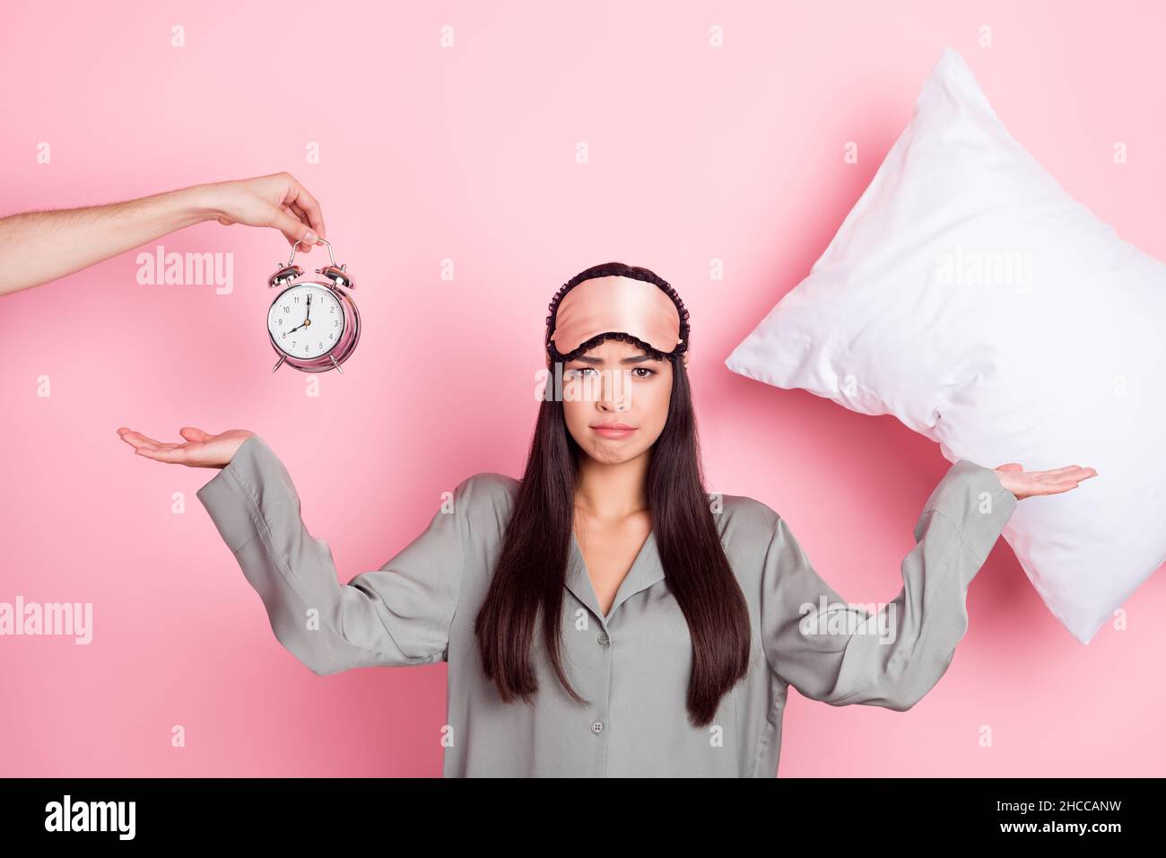 Portrait of beautiful trendy depressed girl wake up call awake early ...