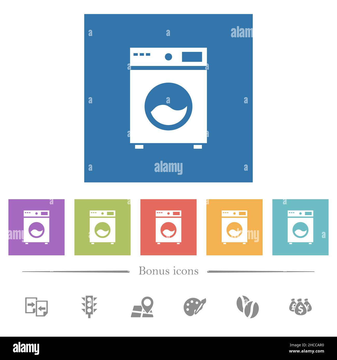 Washing machine flat white icons in square backgrounds. 6 bonus icons ...