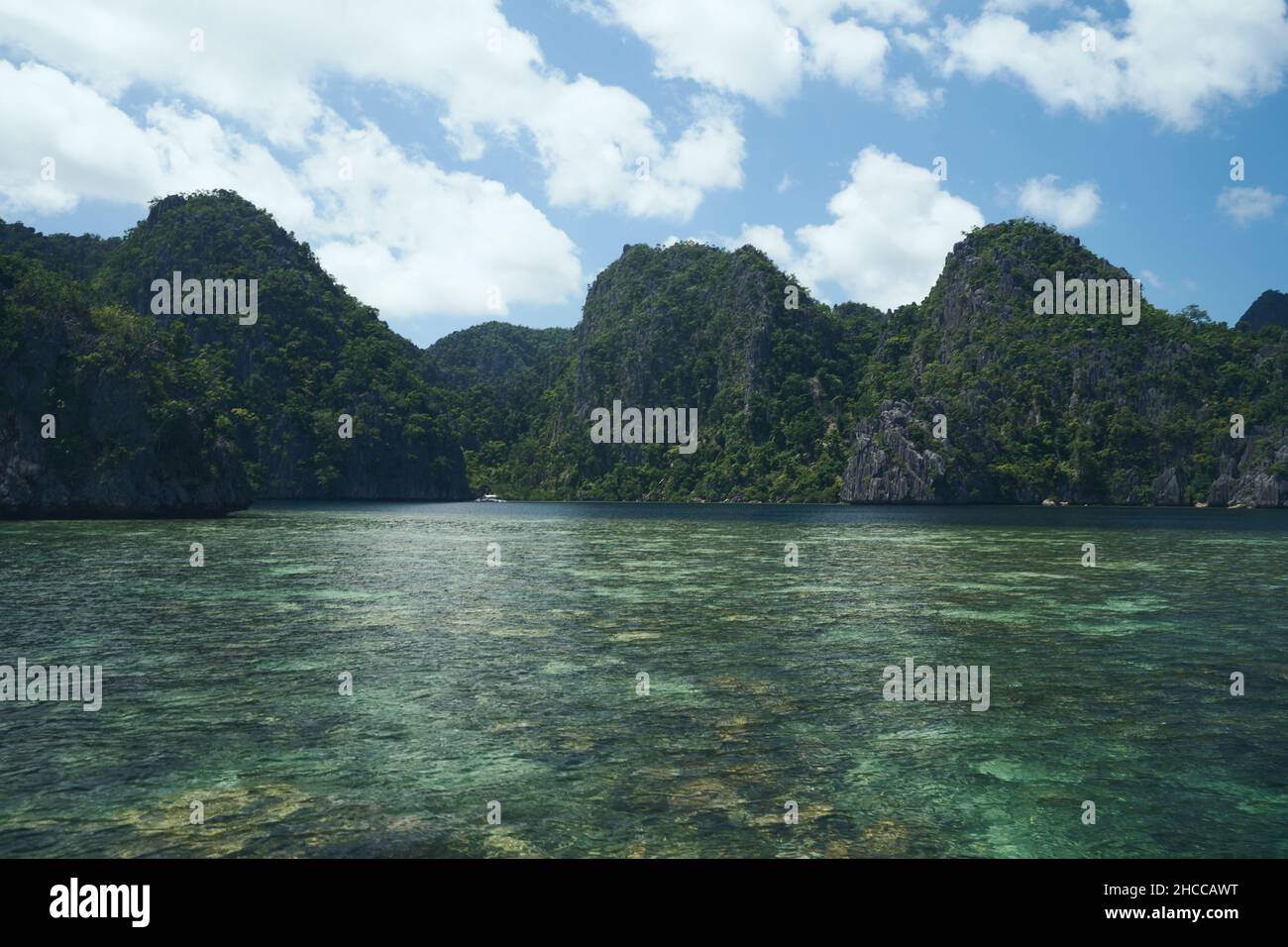 Beautiful shot of cliffs near green water with coral in the Philippines ...