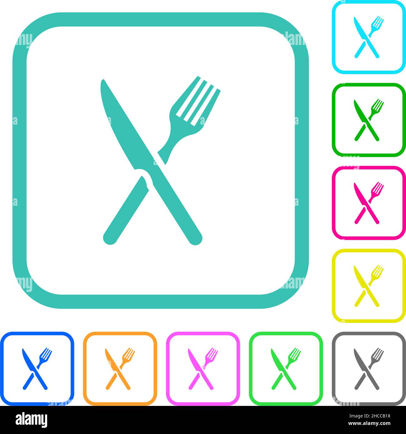Fork and knife in crossed position vivid colored flat icons in curved ...
