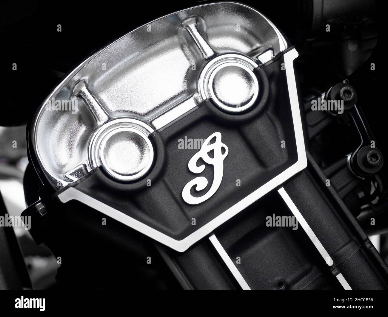 Close-up shot of an Indian motorcycle engine in Auckland, New Zealand ...