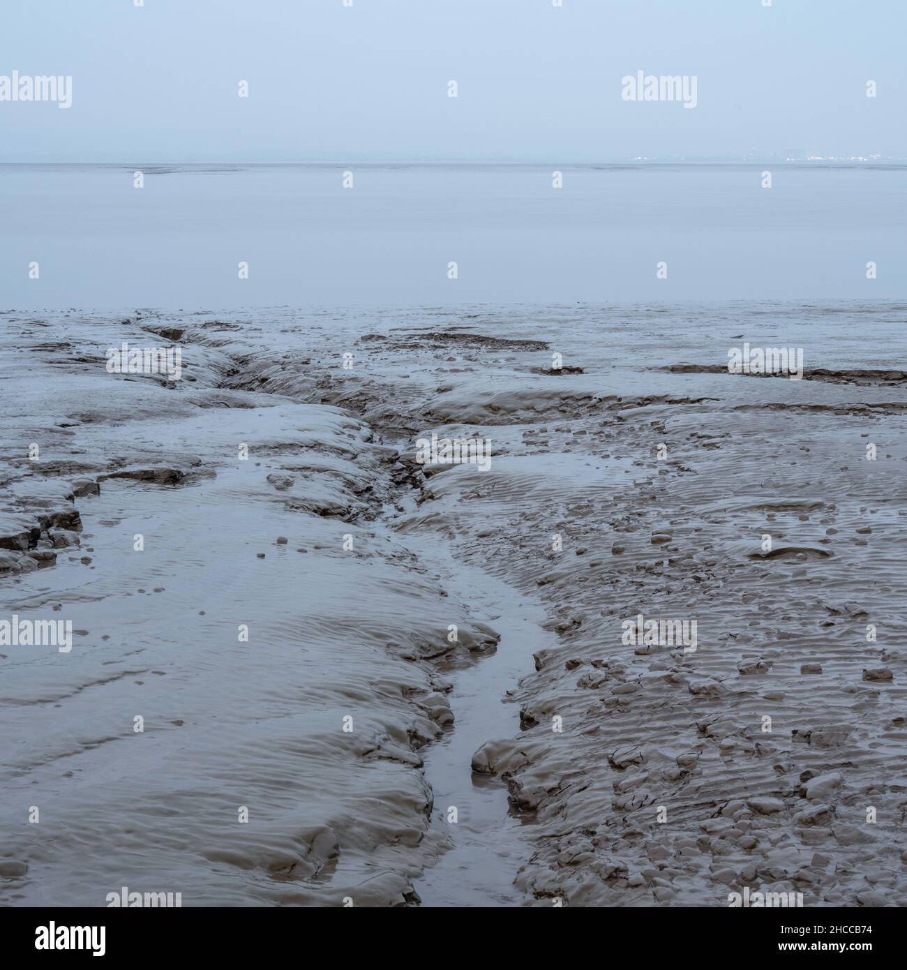 Mud flats on the shore of the River Parrett and Severn Estuary at low ...