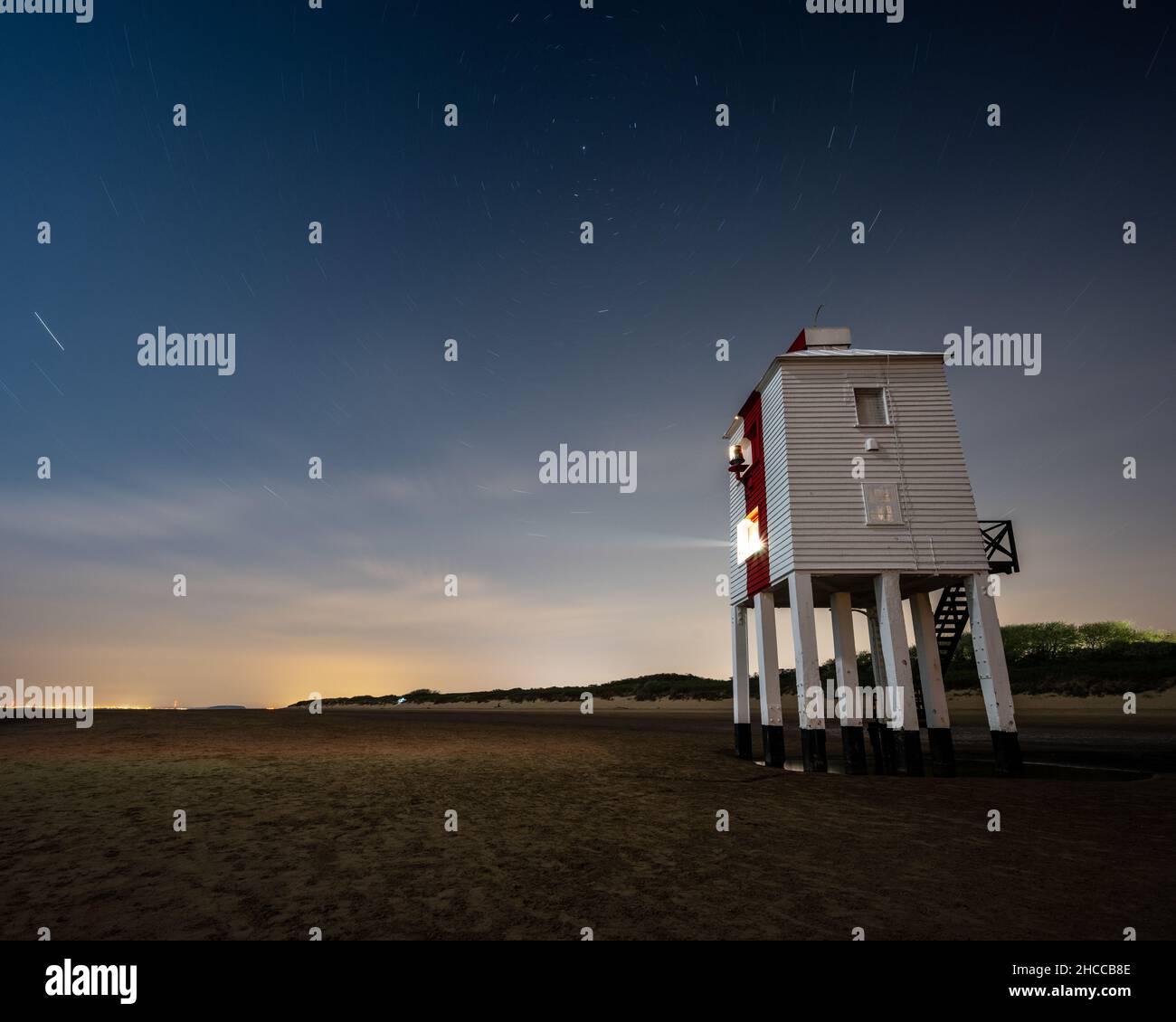 The Low Lighthouse at Burnham-on-Sea Beach is lit at night on the ...