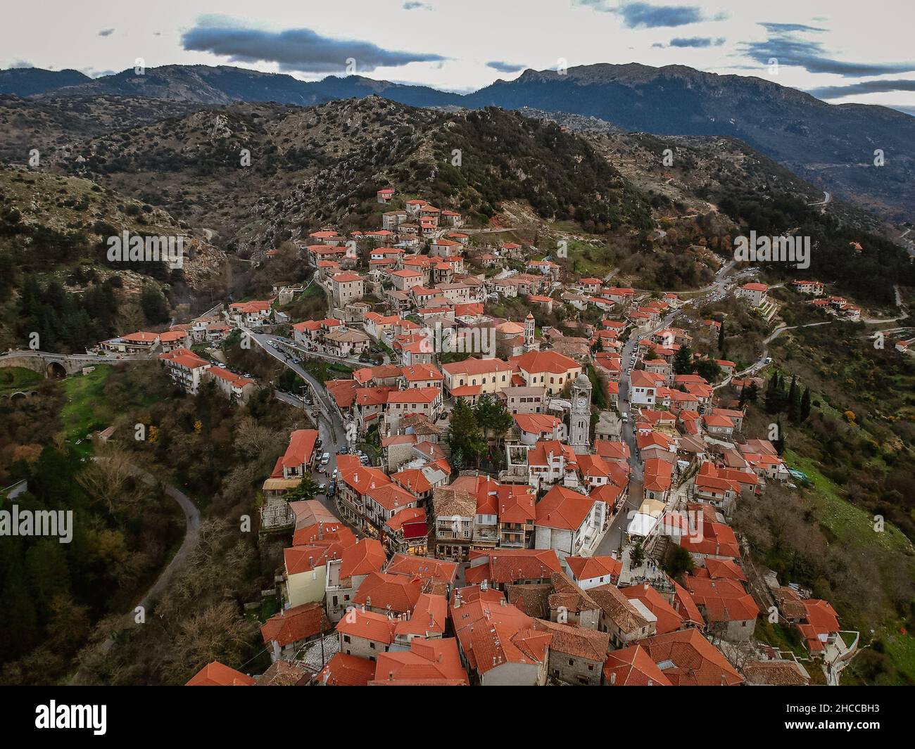 Aerial view over the beautiful historical village Dimitsana during ...