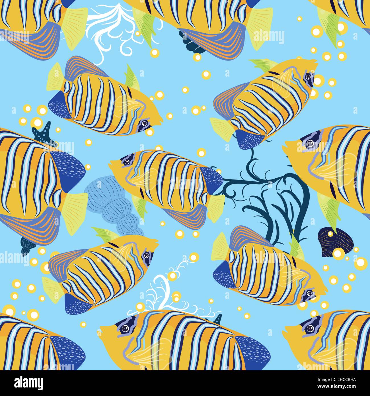 Emperor angelfish, Pomacanthus imperator seamless patterns, sea animal ...
